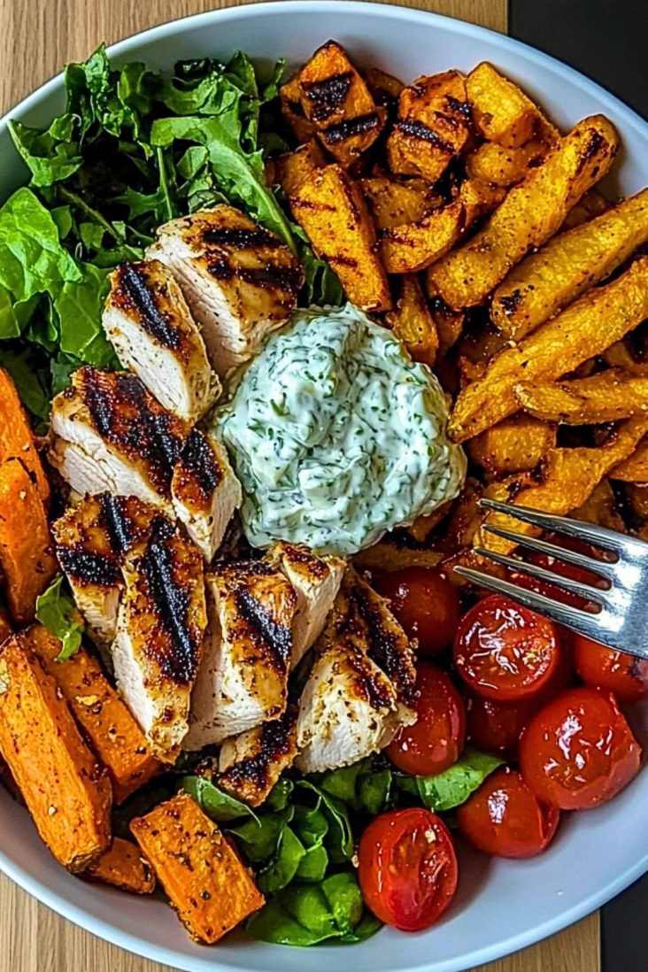 Grilled Chicken Power Bowl with Tzatziki and Sweet Potato Fries - Ava ...