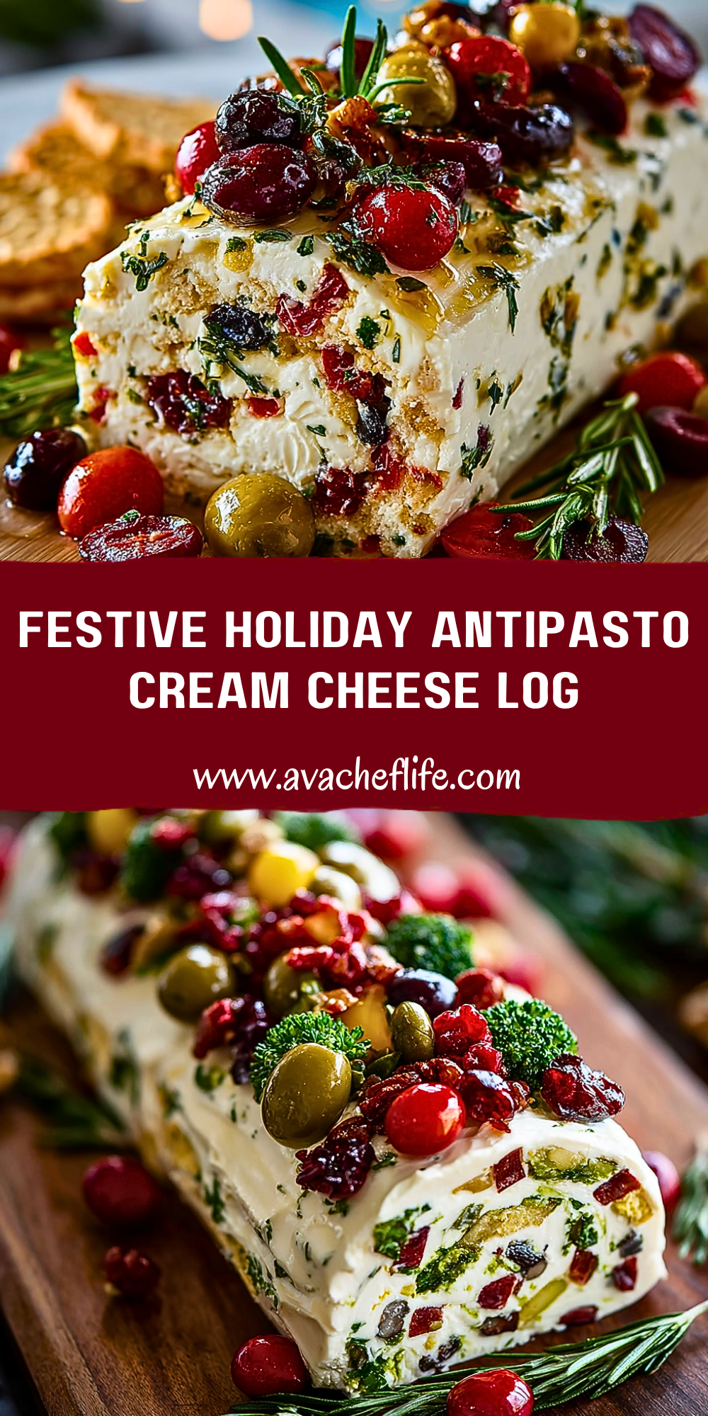 Festive Holiday Antipasto Cream Cheese Log - Ava Chef Life
