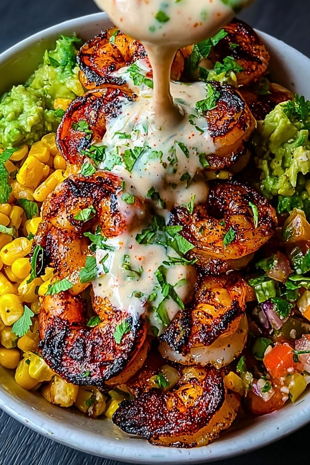 Grilled Shrimp Bowl with Avocado, Corn Salsa & Creamy Sauce - Ava Chef Life