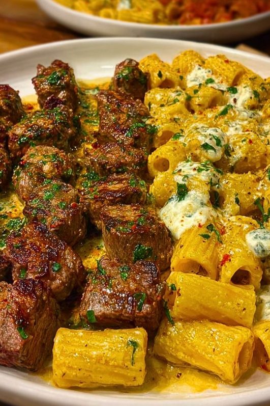 Cheesy Garlic Butter Steak with Rigatoni in Four-Cheese Sauce - Ava ...