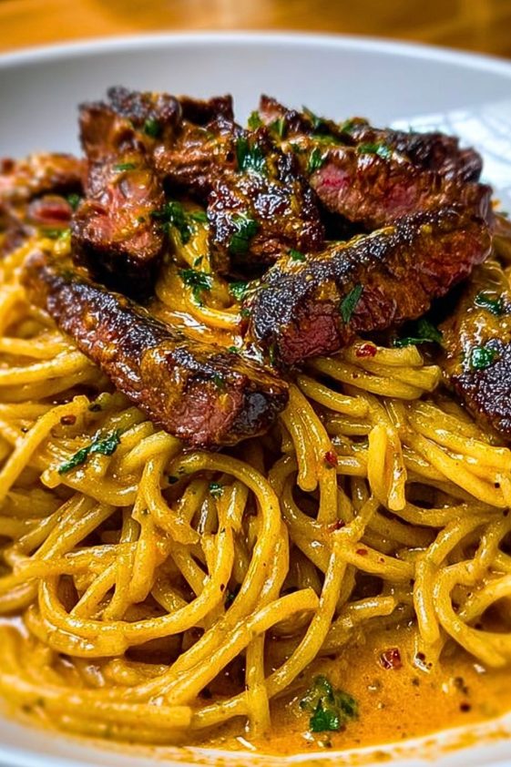 Creamy Cajun Garlic Butter Spaghetti with Beef Strips - Ava Chef Life