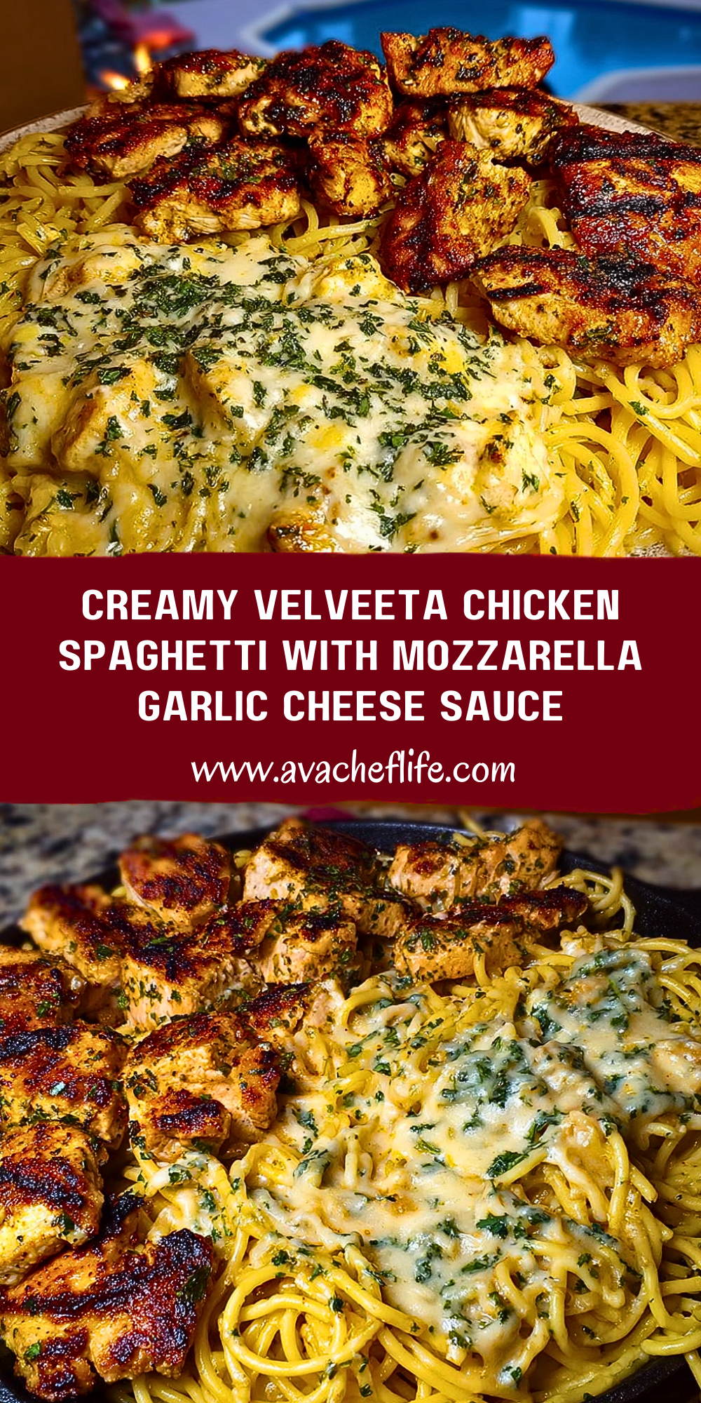 Creamy Velveeta Chicken Spaghetti with Mozzarella Garlic Cheese Sauce ...