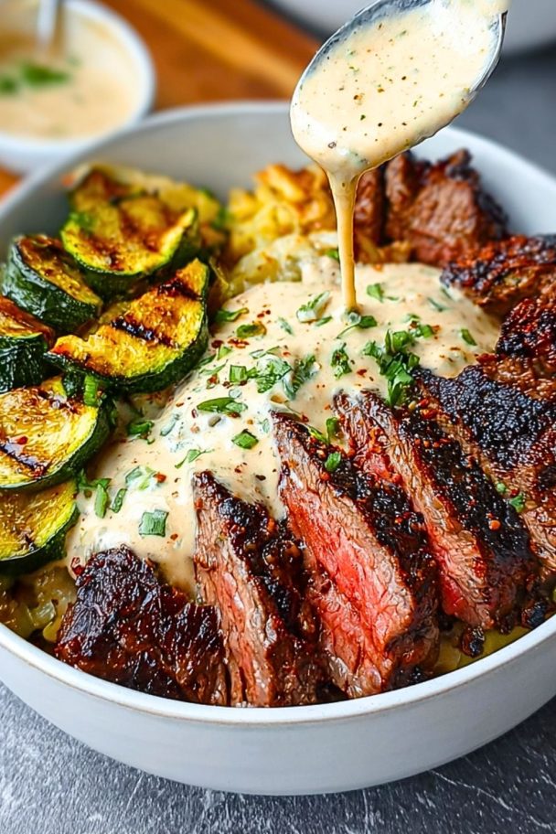 Grilled Steak Bowl with Creamy Sauce & Grilled Zucchini - Ava Chef Life