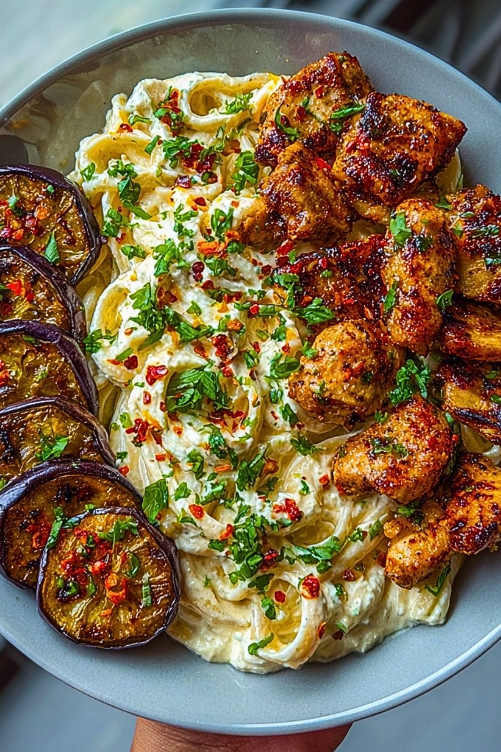 Spicy Whipped Feta Chicken Alfredo with Crispy Eggplant Wedges & Chili ...
