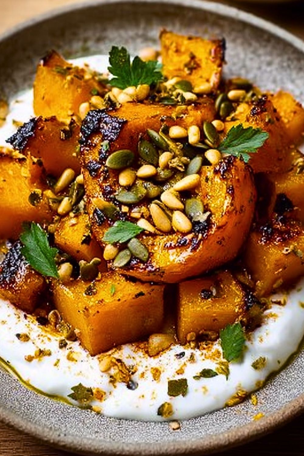 Savory Roasted Pumpkin with Creamy Lemon Yogurt and Crunchy Pine Nuts ...